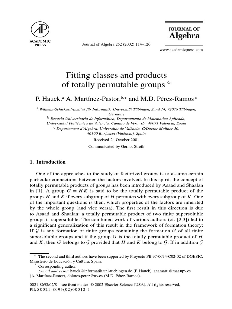 Fitting Classes and Products of Totally Permutable Groups: P. Hauck, A. Martínez-Pastor, and M.D ...
