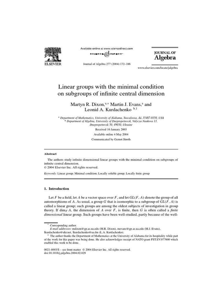 Linear Groups With The Minimal Condition On Subgroups of Infinite Central Dimension | PDF ...