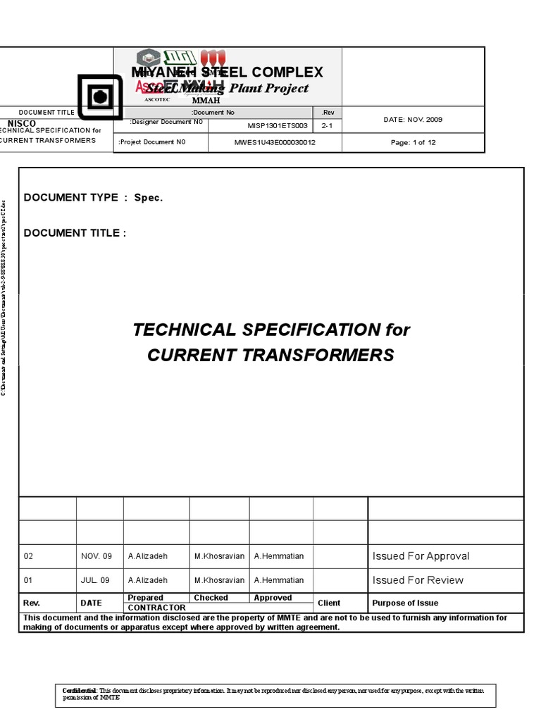 Technical Specification For Current Transformers: Miyaneh Steel Complex ...