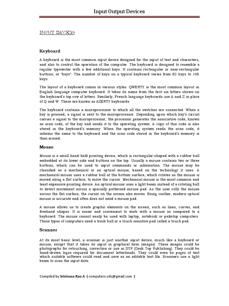 Input Output Devices: Keyboard | Download Free PDF | Printer (Computing) | Computer Monitor