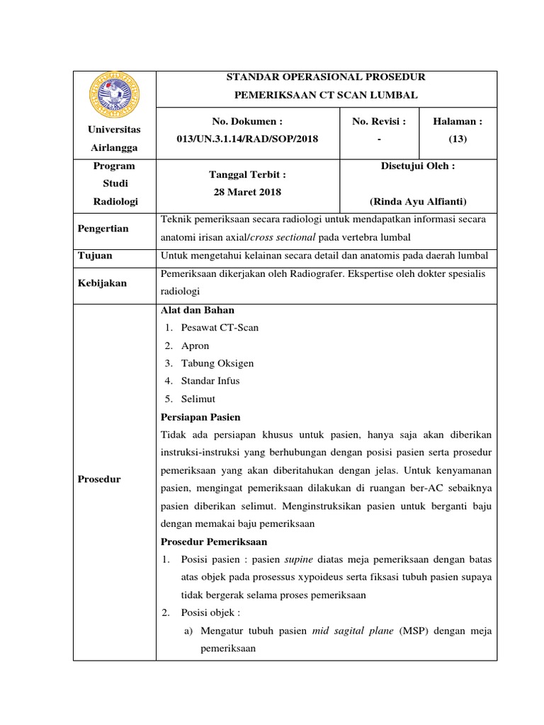 Sop CT Scan Lumbal | PDF | Metode & Bahan Ajar | Sains & Matematika