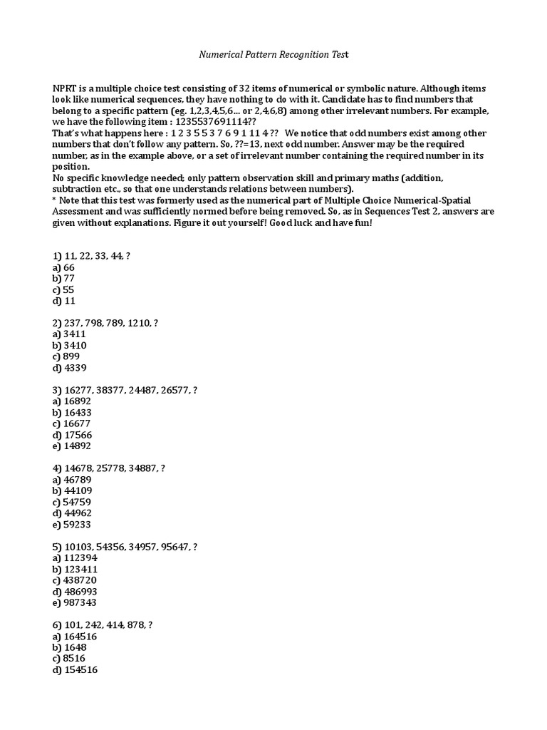 Numerical Pattern Recognition Test | PDF | Multiple Choice ...