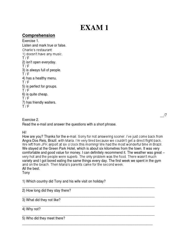English Exam A2 | PDF