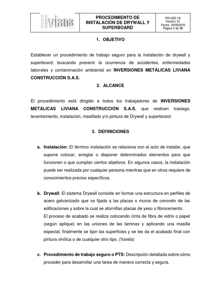 Pr-Hse-18. Procedimiento de Instalacion de Dywall | PDF | Naturaleza