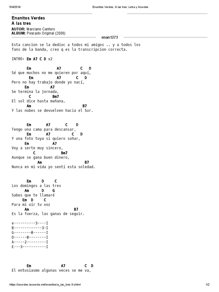 Enanitos Verdes, A Las Tres - Letra y Acordes | Música grabada | Álbumes
