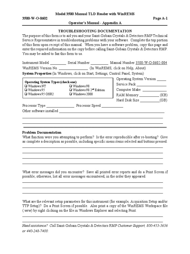 Model 3500 Manual TLD Reader With Winrems 3500-W-O-0602 Page A-1 ...