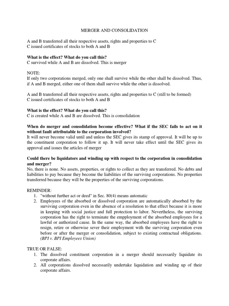 Merger and Consolidation | PDF | Liquidation | Corporations