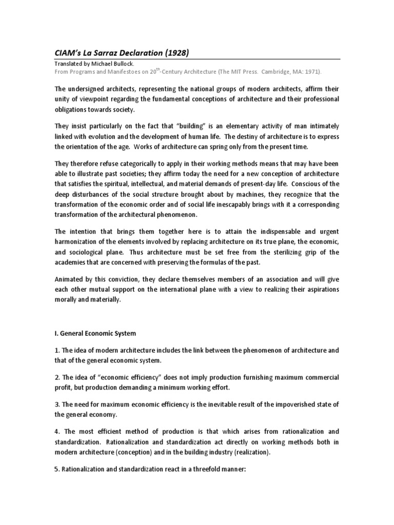 CIAM - Declaración de La Sarraz PDF | PDF | Standardization | Economics