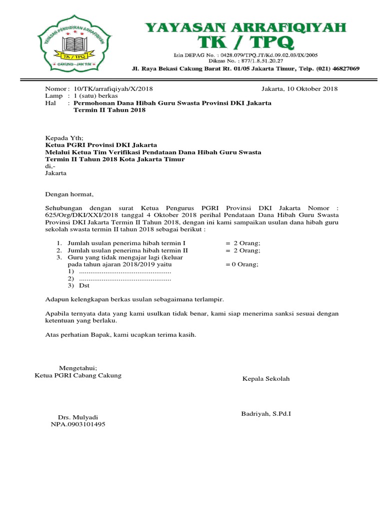 Contoh Surat Permohonan Dana Hibah Termin II 2018 | PDF