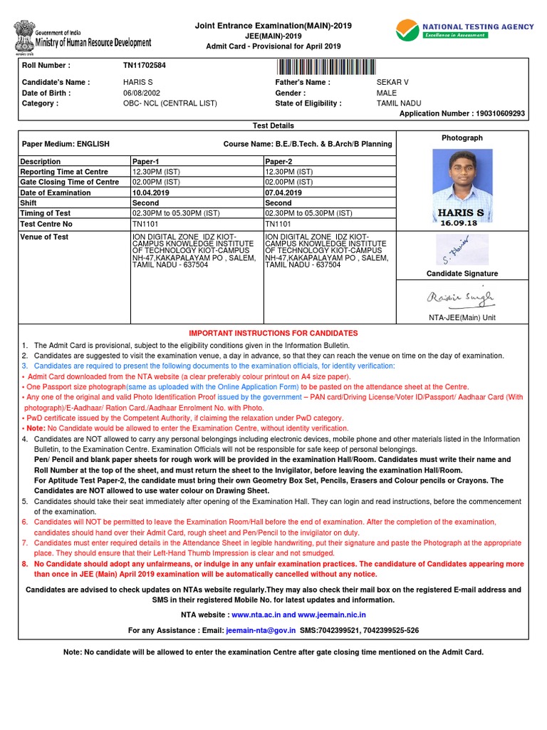 JEE Main 2019 Admit Card Instructions | PDF | Identity Document ...