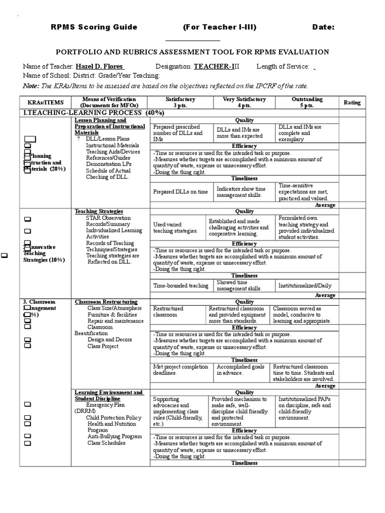 Portfolio and Rubrics Assessment Tool For Rpms Evaluation: RPMS Scoring Guide (For Teacher I-III ...