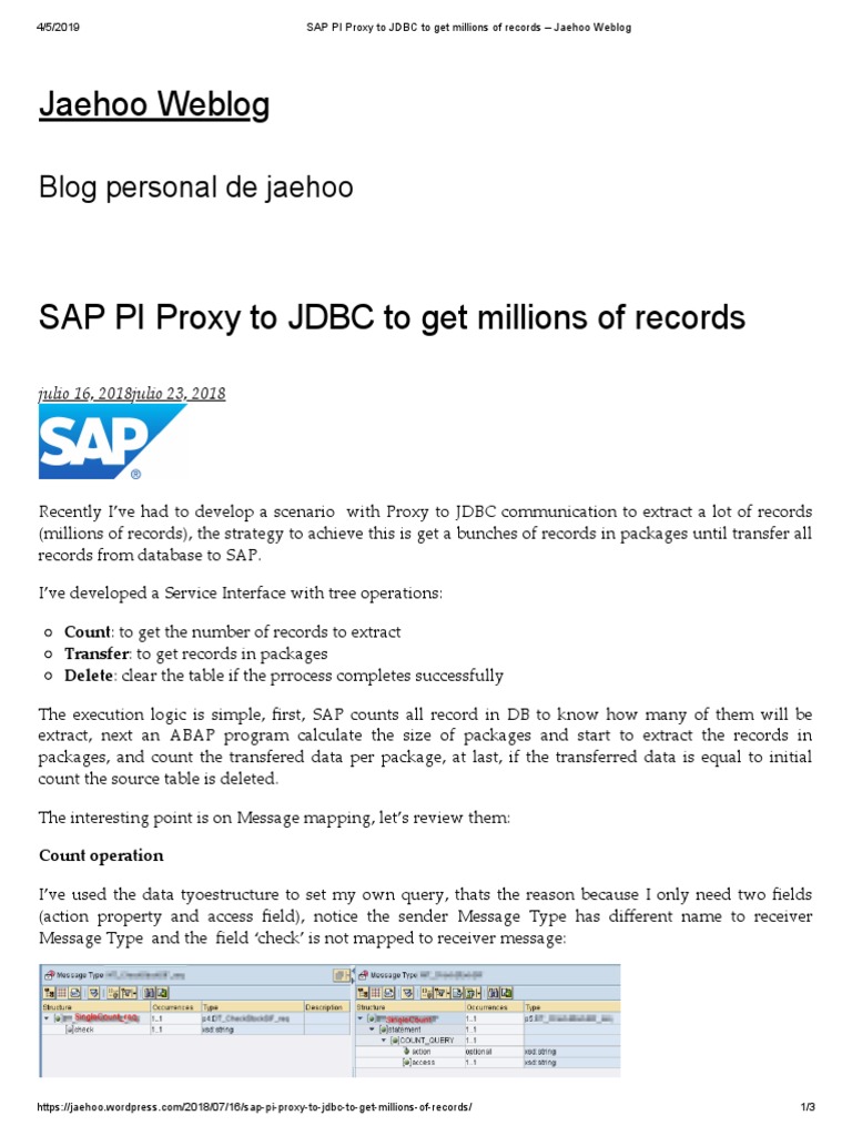 Sap Pi Proxy To Jdbc To Get Millions Of Records Jaehoo Weblog Pdf Sql Databases