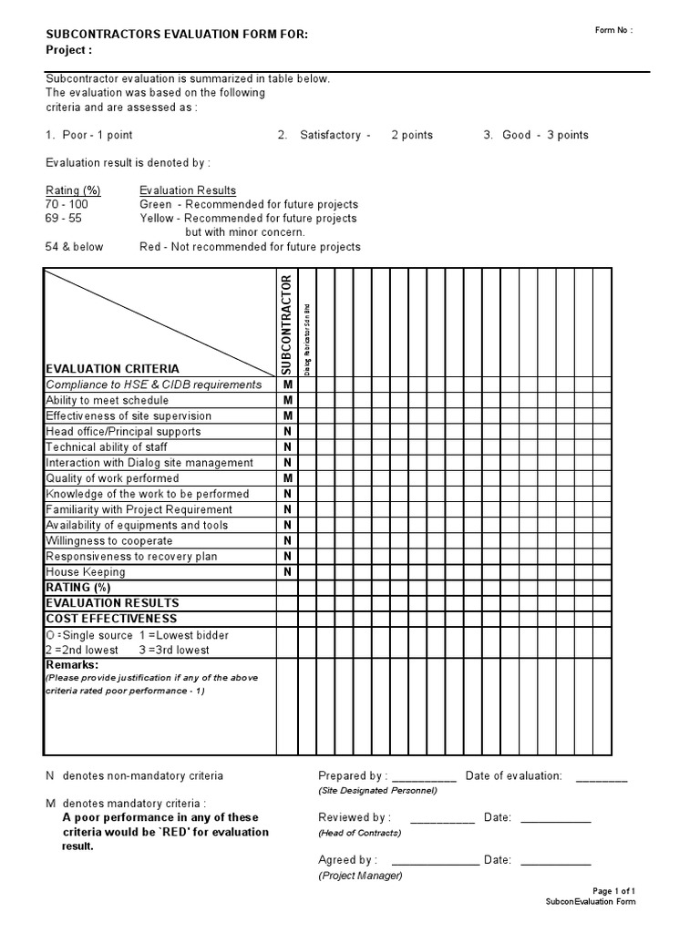 Subcon Evaluation Form | PDF | Evaluation | Business