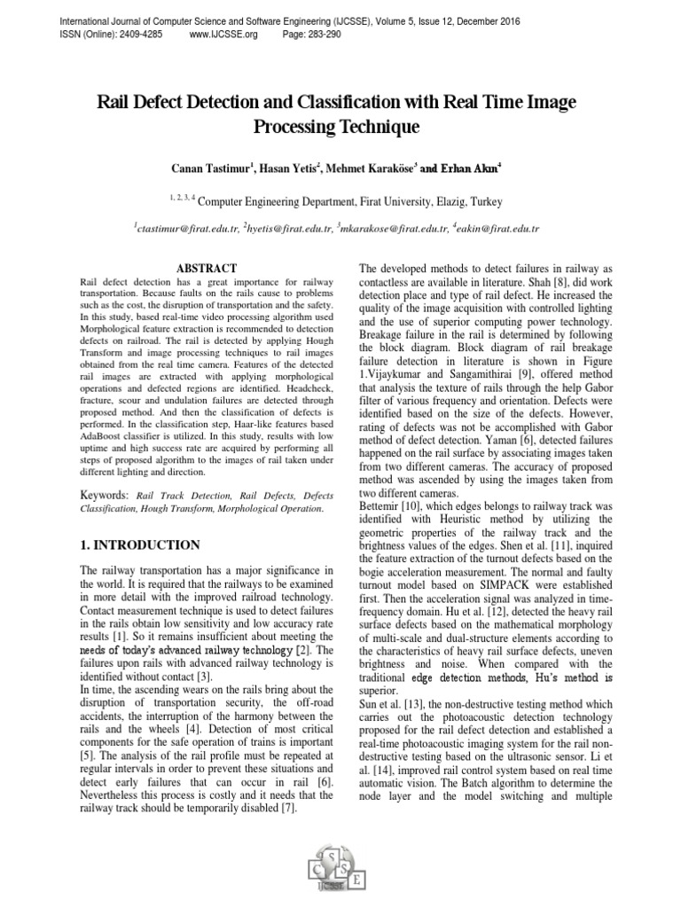 Rail Defect Detection And Classification With Real Time Image Processing Technique Download