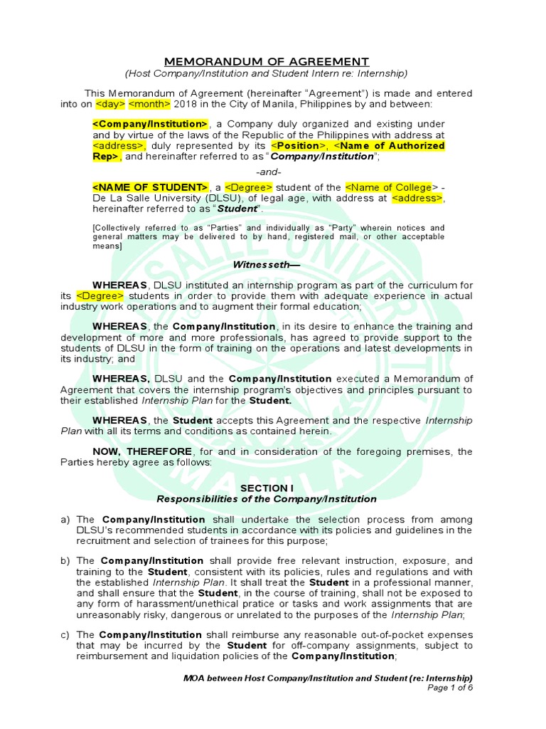 Internship Memorandum of Agreement Between Student and Company | PDF ...