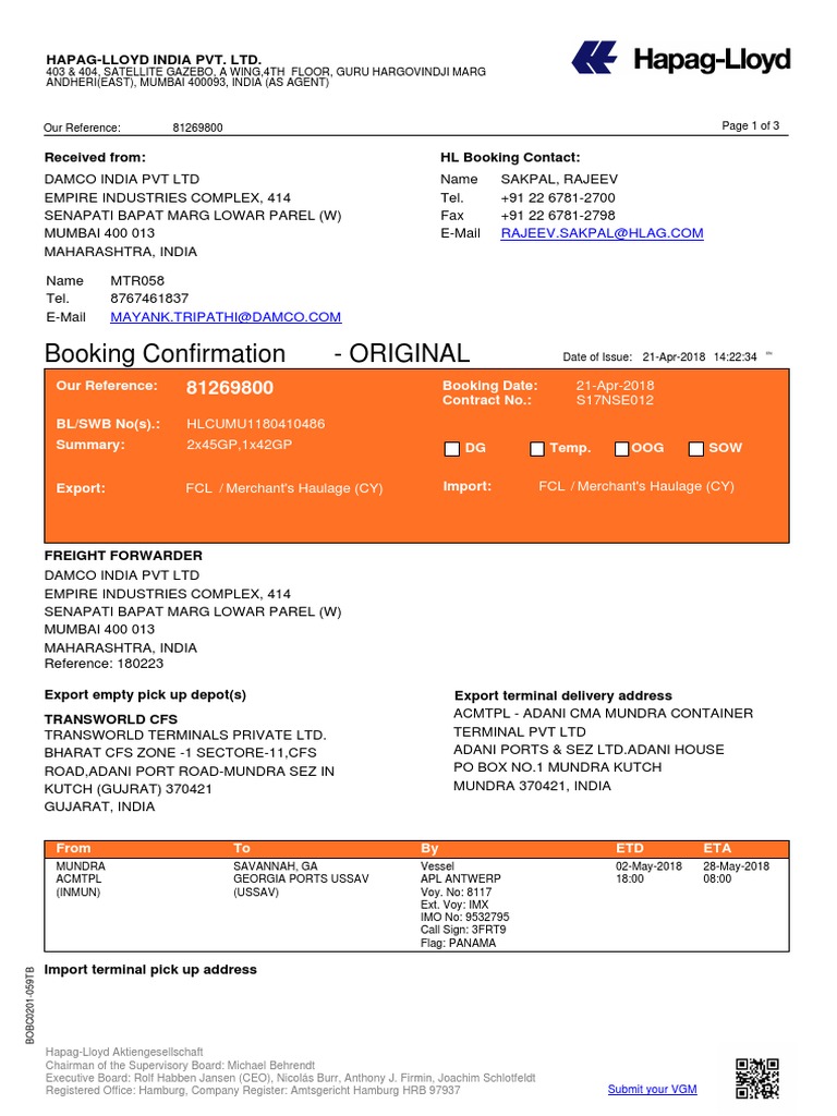 Hapag SCM Document | PDF | Cargo | Bill Of Lading