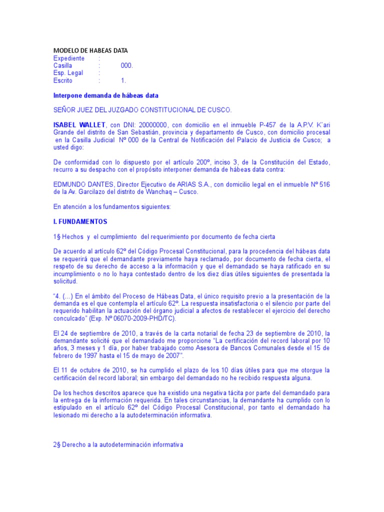 Modelo de Habeas Data | PDF | Demanda judicial | Gobierno