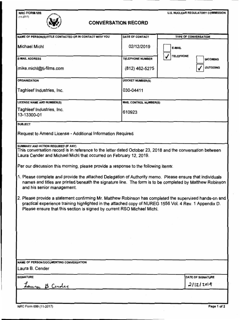 Conversation Record: NRC Form699 | PDF | Radiation Protection | Nuclear ...