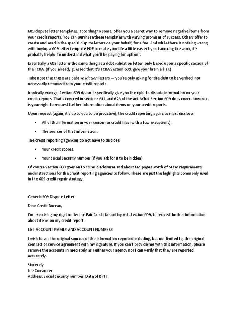 Generic 609 Credit Dispute Letter | PDF