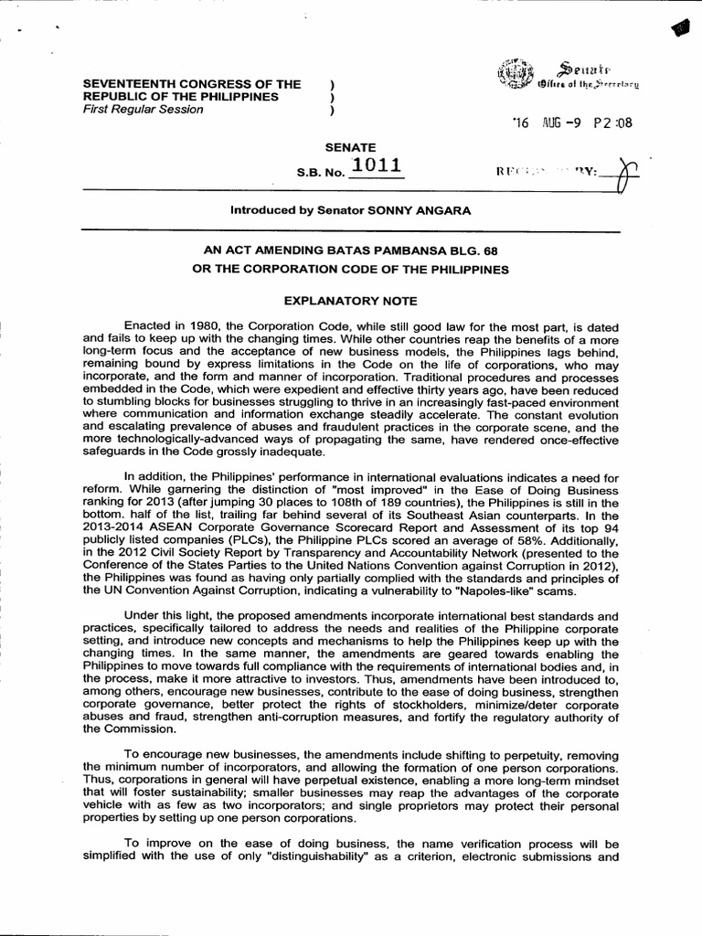 SB No. 1011 (Aug 9, 2016) | PDF | Corruption | Corporations
