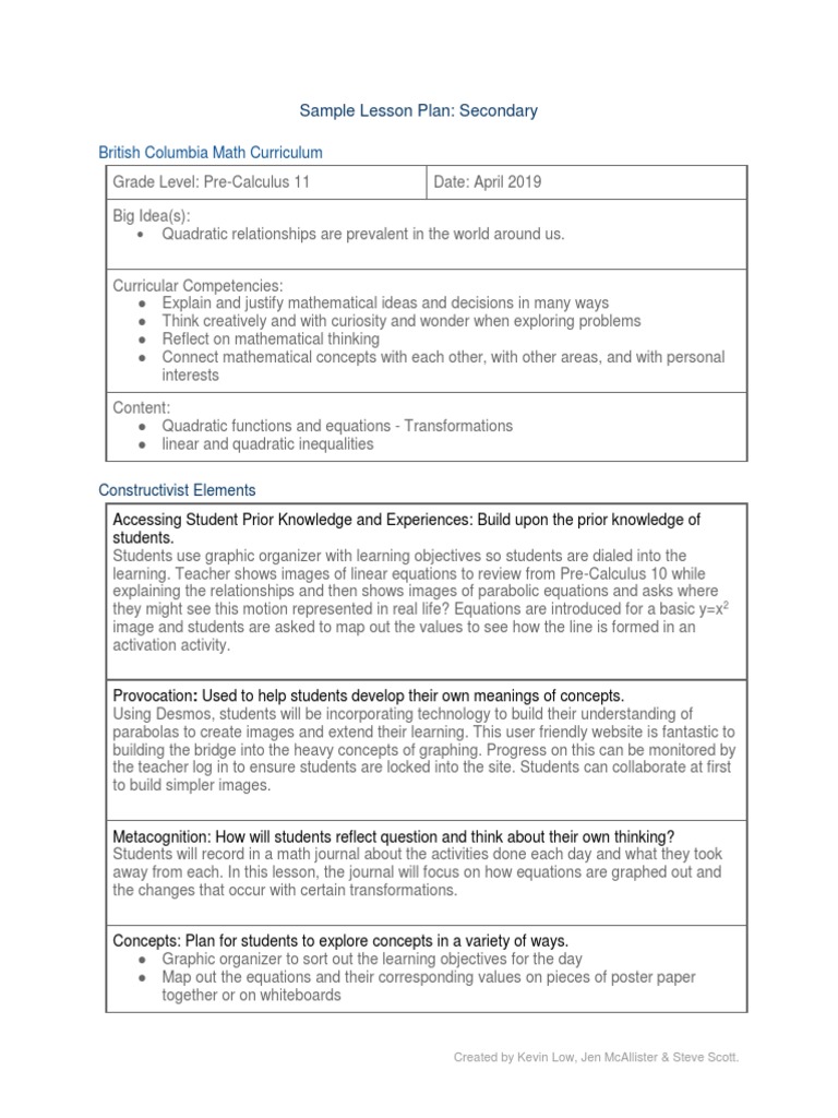 Lesson Plan Framework Mathematics Secondary Pre Calc 11 | PDF ...