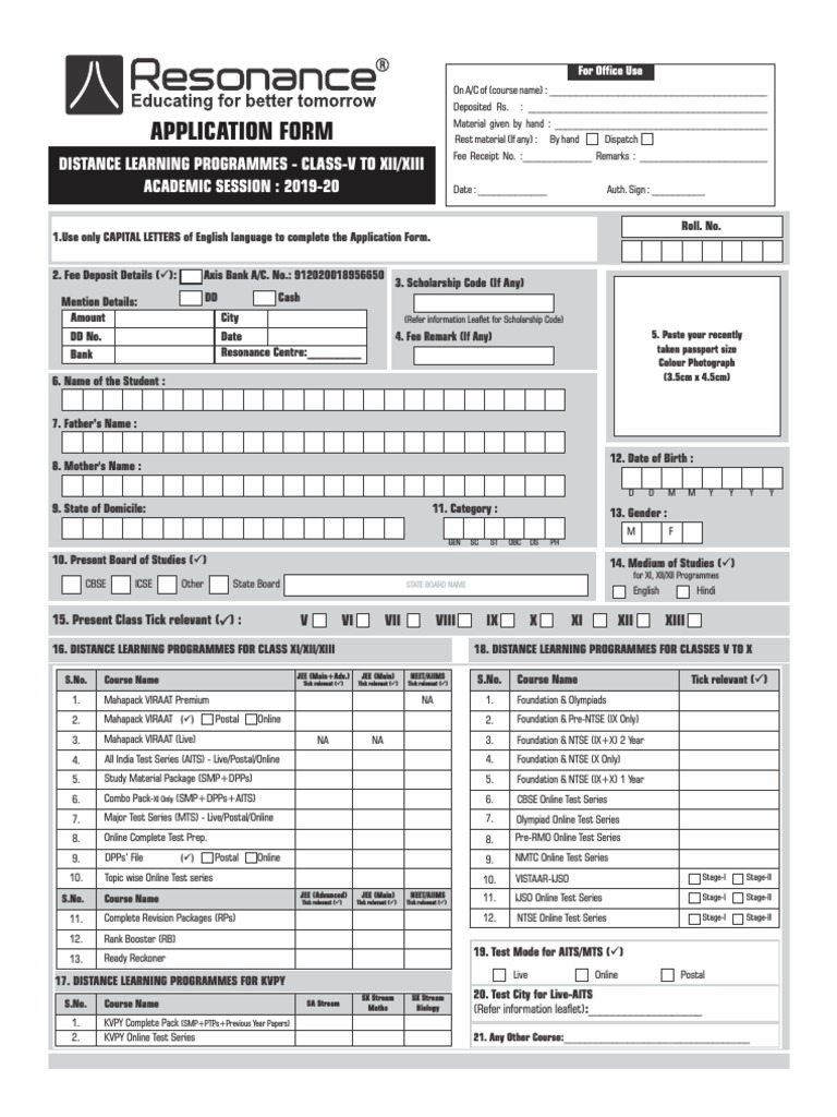 Application Form: Distance Learning Programmes - Class-V To Xii/Xiii ...