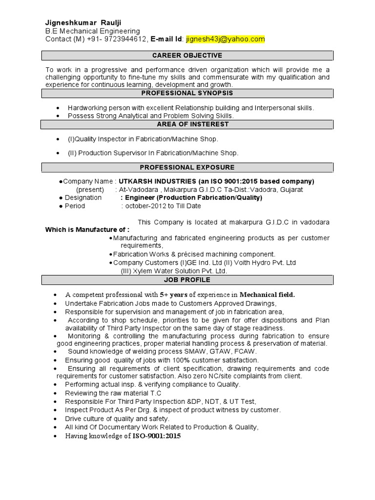 Mech. Resume Jignesh Raulji-N | PDF | Mechanical Engineering | Engineering