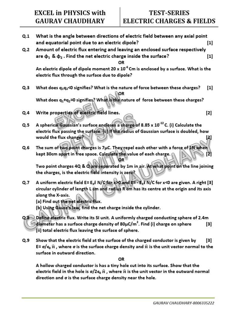 Electrostatics Worksheet Important Questions - Electric Charges and ...