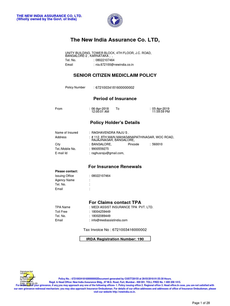 The New India Assurance Co. LTD,: Senior Citizen Mediclaim Policy | PDF ...
