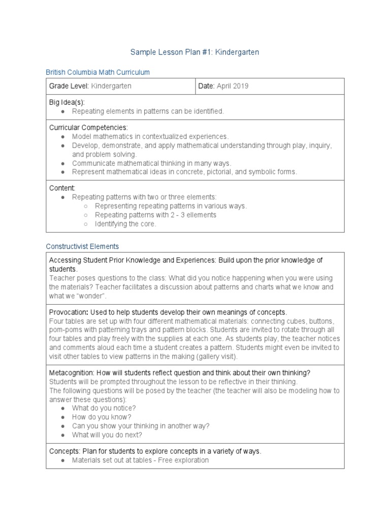 Sample Lesson Plan 1 Kindergarten Mathematics | PDF | Curriculum | Dialogue