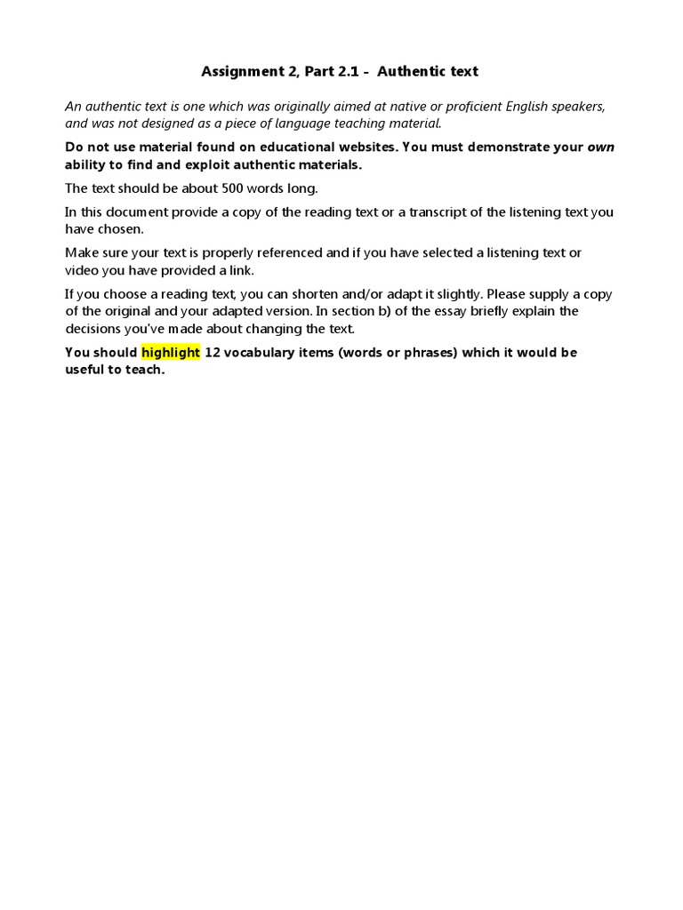 Assignment 2, Part 2.1 - Authentic Text | PDF