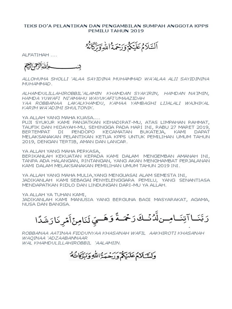 Teks Do'A Pelantikan Dan Pengambilan Sumpah Anggota Kpps Pemilu Tahun 2019 | PDF