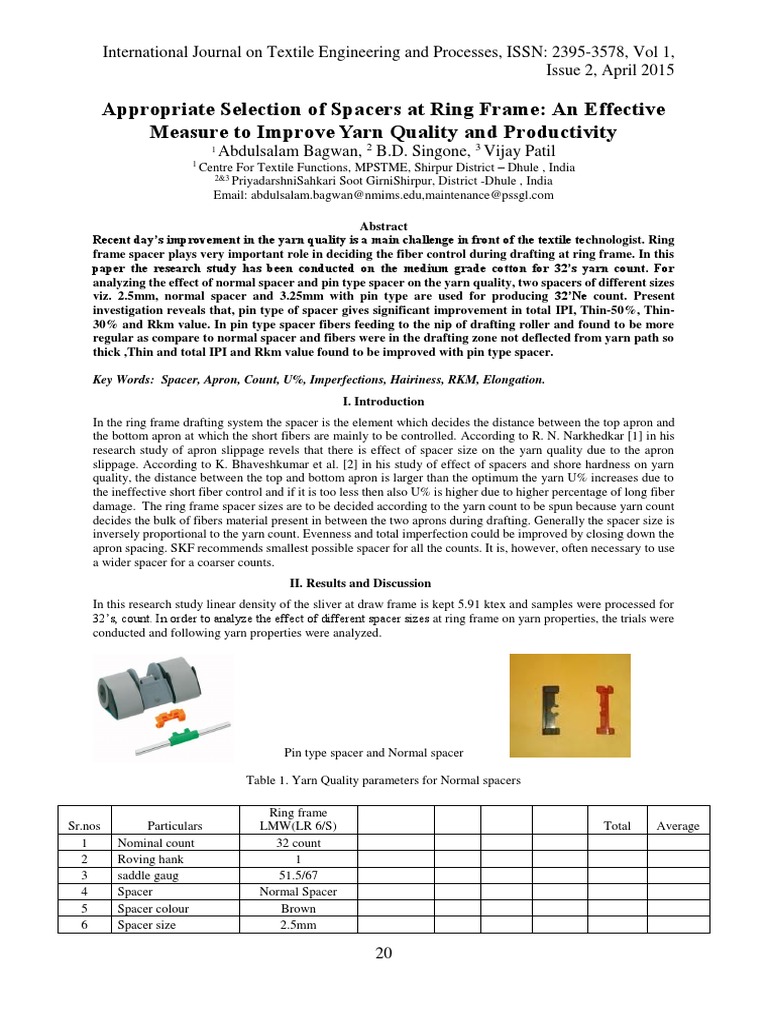 Effect of Spacers at Ring Frame | PDF | Yarn | Spinning (Textiles)