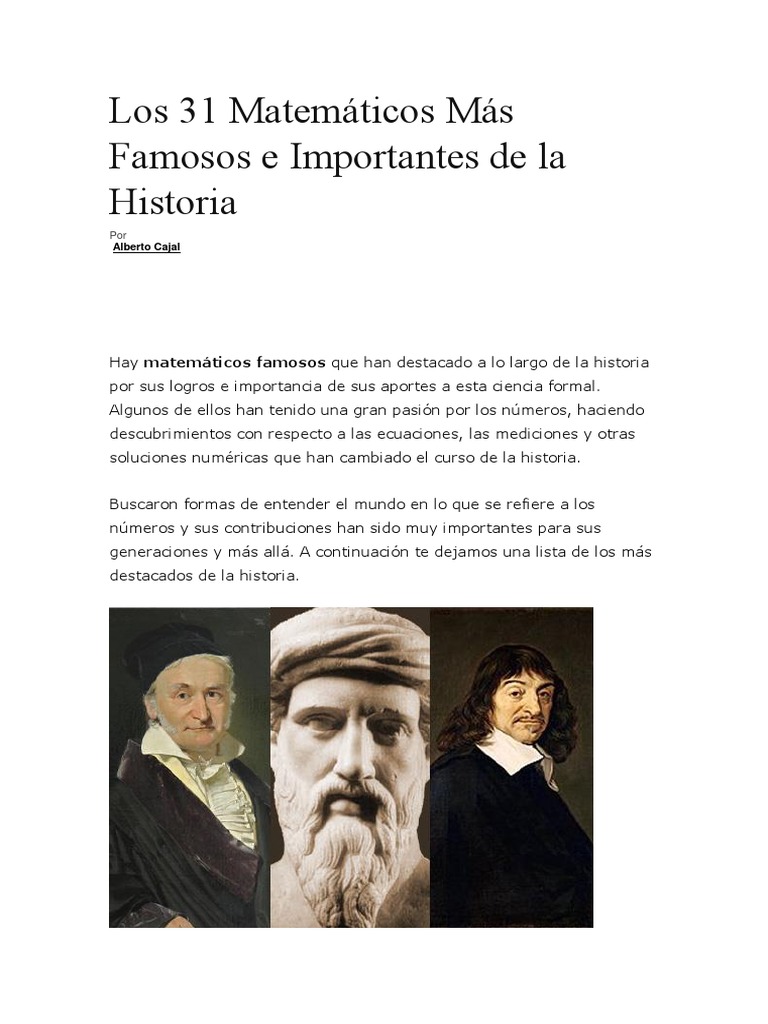 Los 31 Matemáticos Más Famosos e Importantes de La Historia | PDF ...
