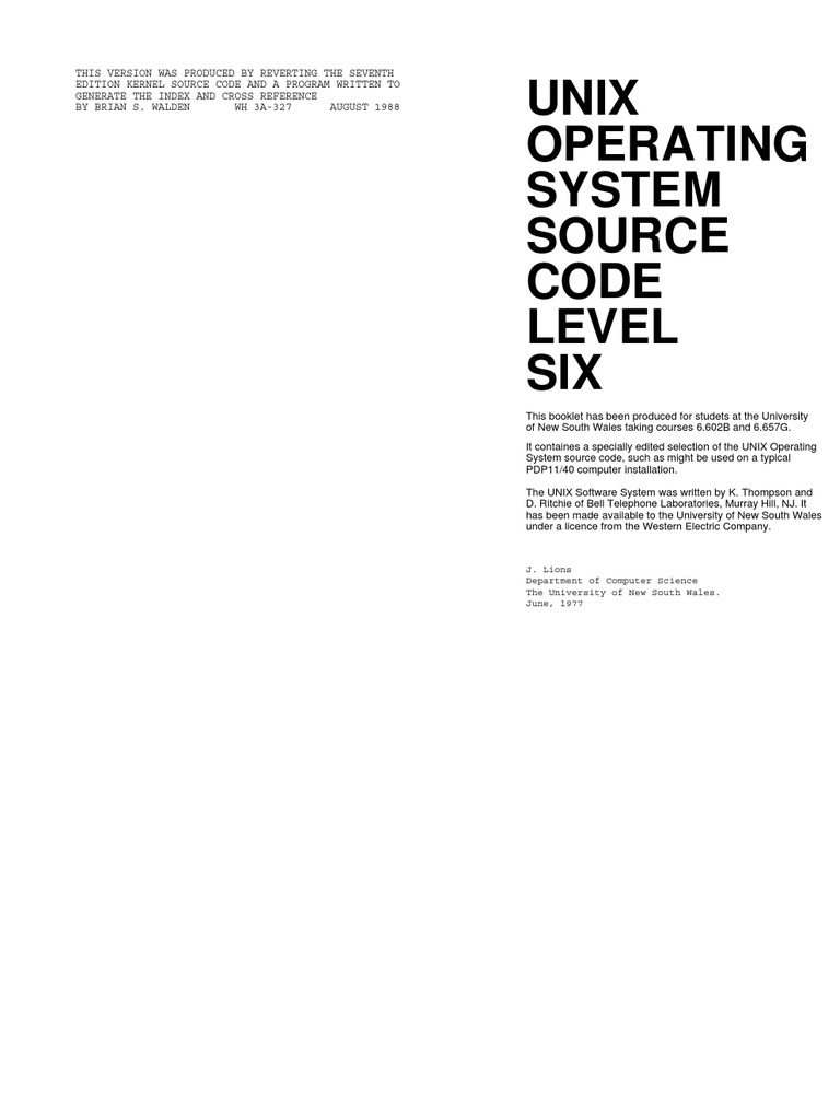John Lions - Unix V6 Source | PDF