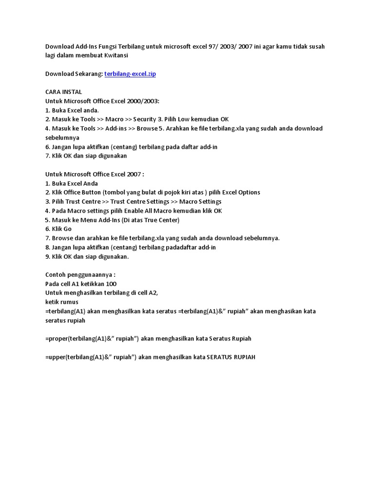 Download Add-Ins Terbilang Excel | PDF | Komputer