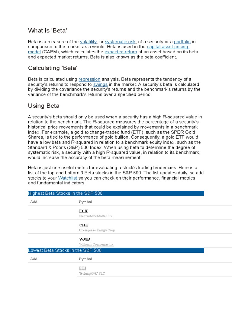 What Is 'Beta': Volatility Systematic Risk Portfolio Capital Asset ...