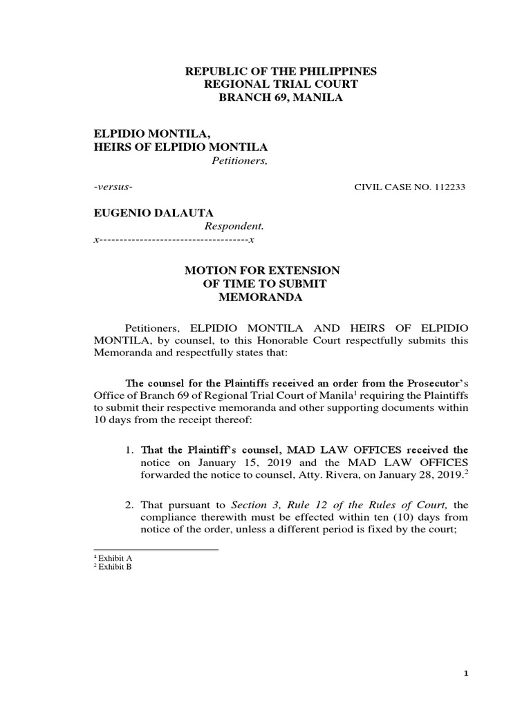 Motion For Extension To File Memoranda | PDF | Pleading | Separation Of ...