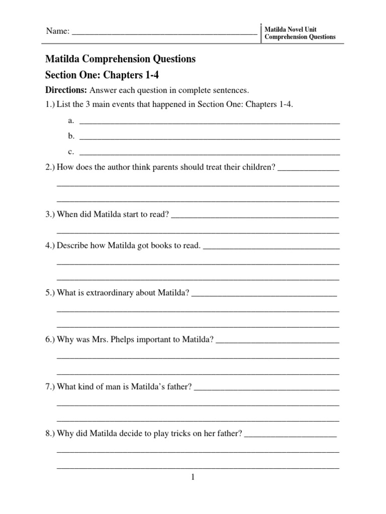Matilda Comprehension Questions Guide | PDF | Novels