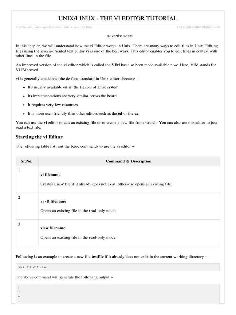 Unixlinux The Vi Editor Tutorial Pdf Text File Filename