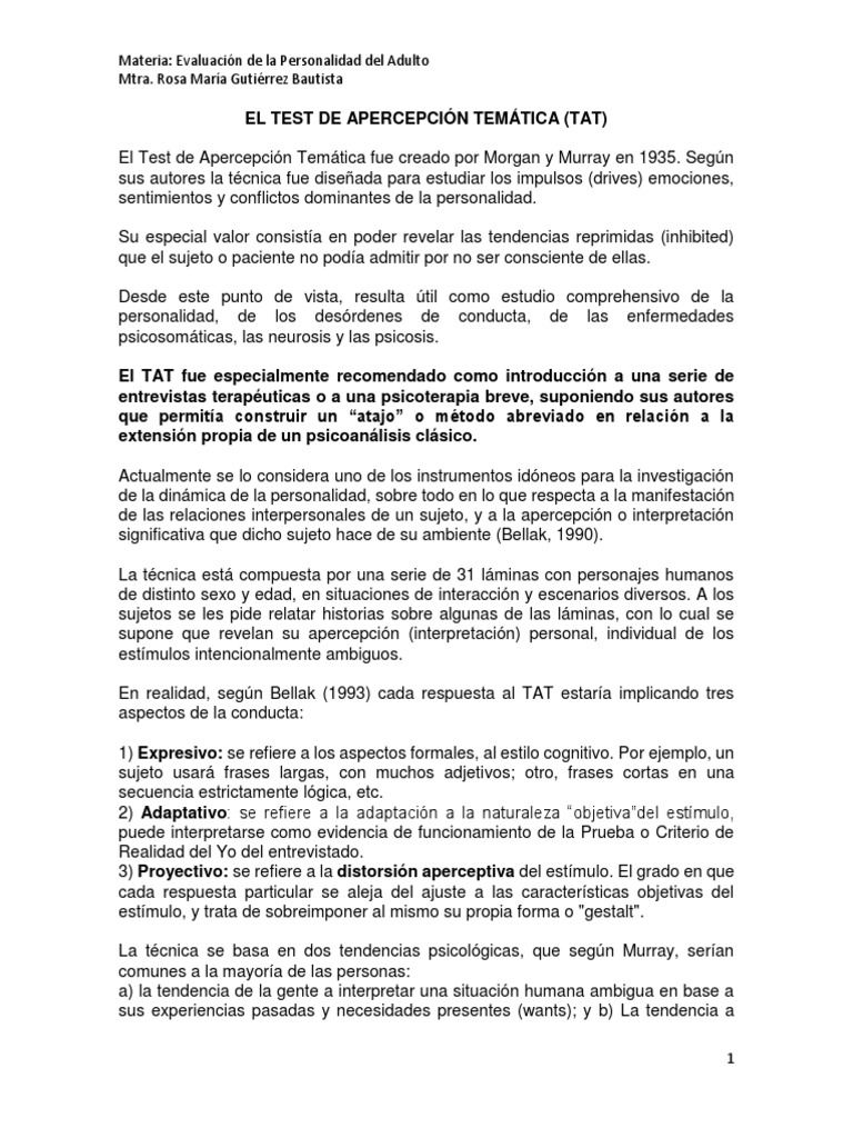 Explicacion Del Test de Apercepción Temática Tat | PDF | Adultos ...