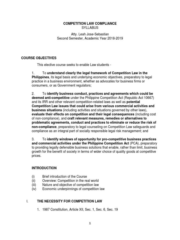 COMPETITION LAW COMPLIANCE - Syllabus (Leah Sebastian) 030619 | PDF ...