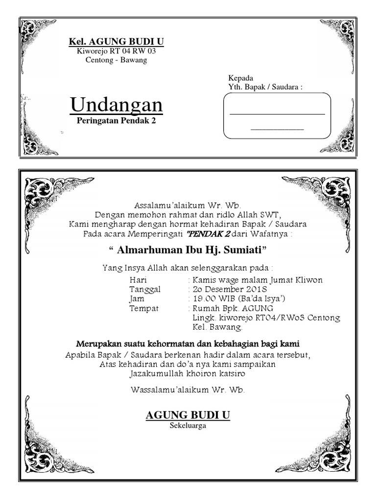 Undangan Peringatan Pendak 2 Hj. Sumiati | PDF