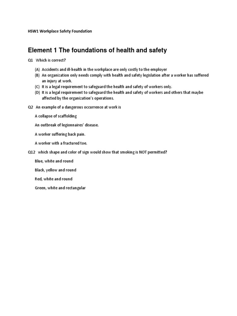 Element 1 The Foundations of Health and Safety: HSW1 Workplace Safety ...