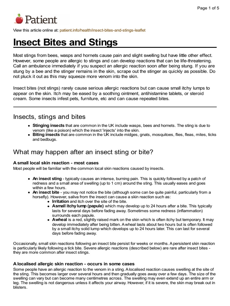 Insects, Stings and Bites | PDF | Allergy | Diseases And Disorders