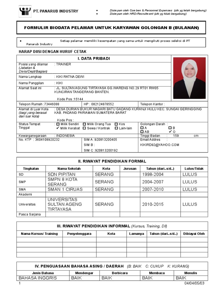Form Biodata Pelamar | PDF
