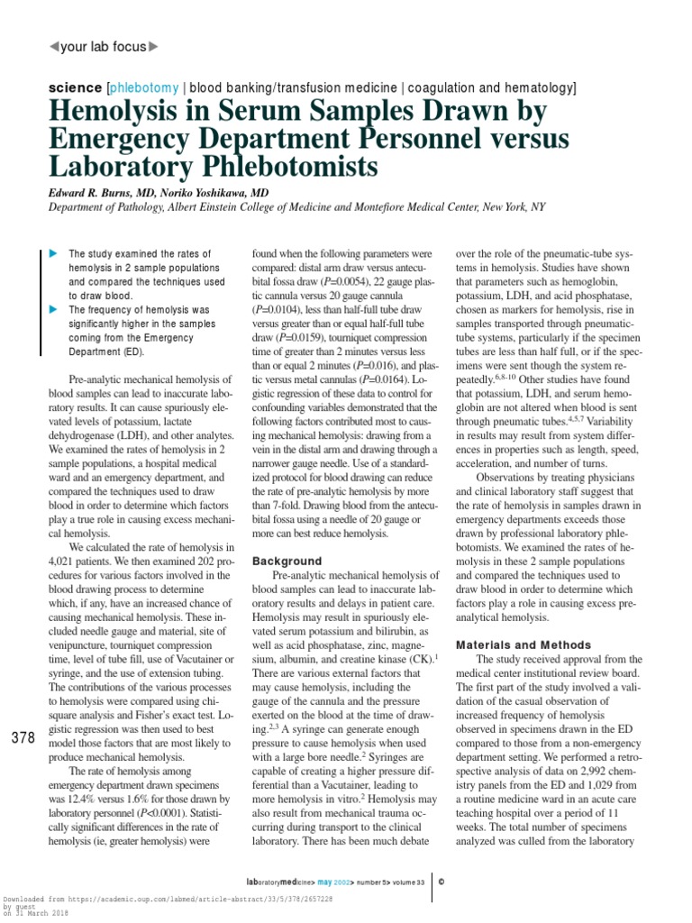 Hemolysis in Serum Samples Drawn by Emergency Department Personnel ...