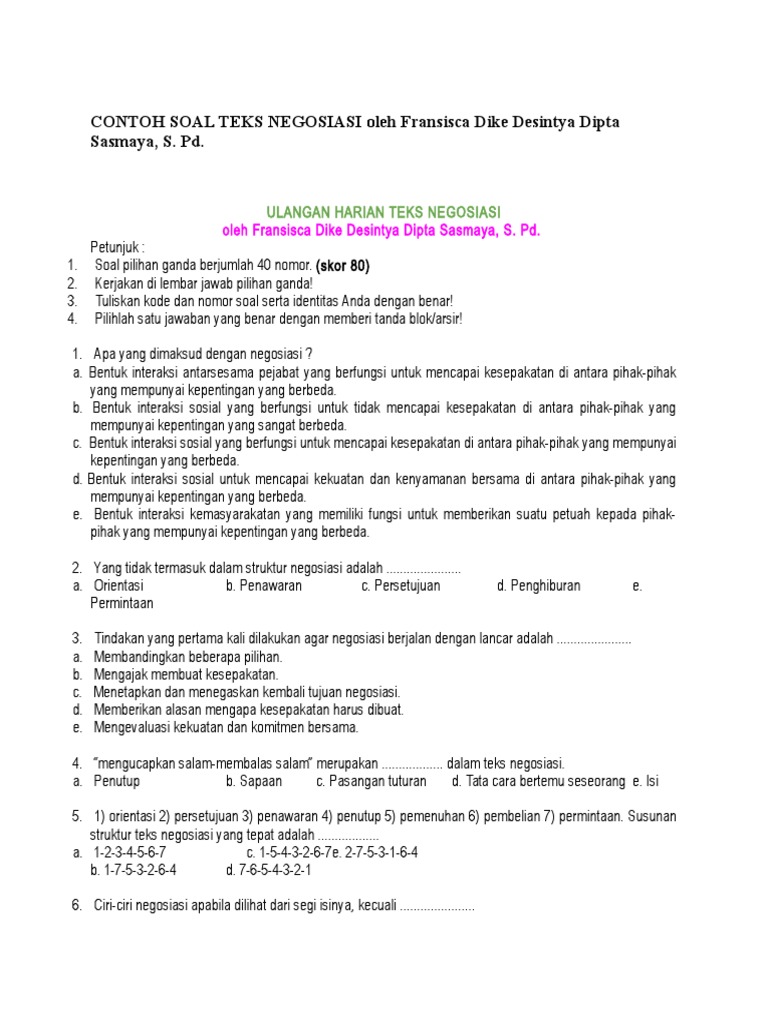 CONTOH SOAL TEKS NEGOSIASI Oleh Fransisca Dike Desintya Dipta Sasmaya | PDF