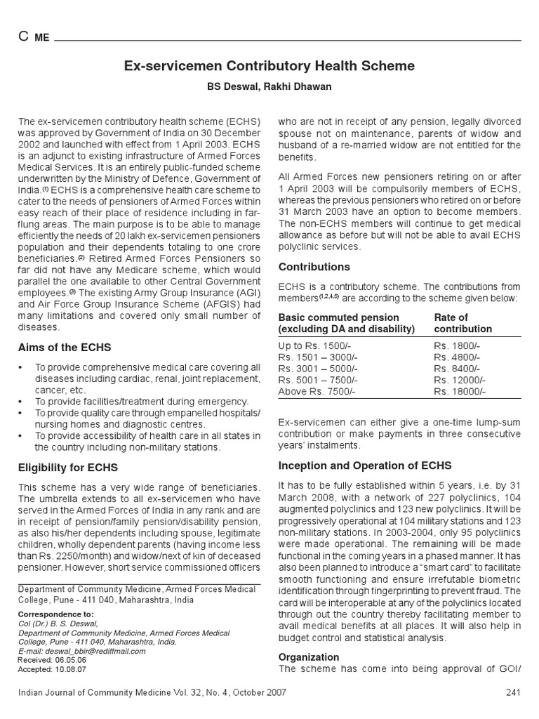 Ex-Servicemen Contributory Health Scheme: Contributions | PDF | Health ...