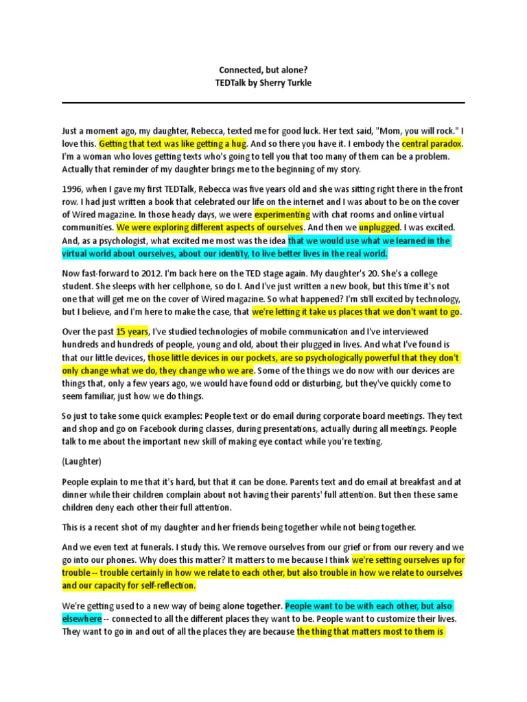 Connected, But Alone? by Sherry Turkle (Transcript) | PDF | Solitude ...